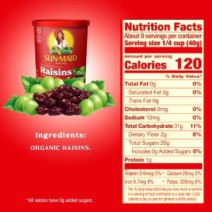 Calories in 1/4 cup (40 g) Natural Raisins and Nutrition Facts